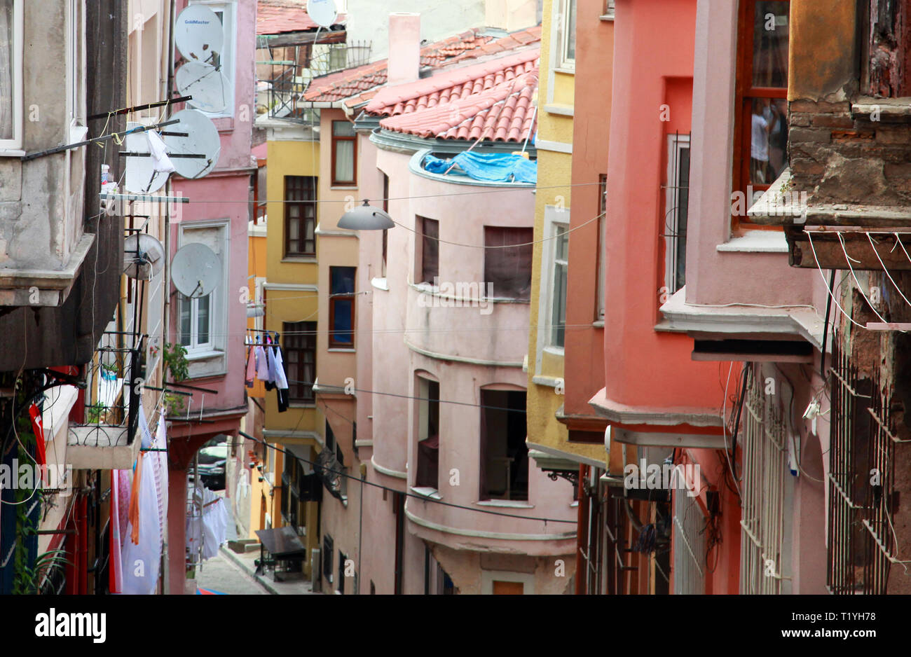 Traditional street and houses at Balat District in Istanbul, Turkey ...