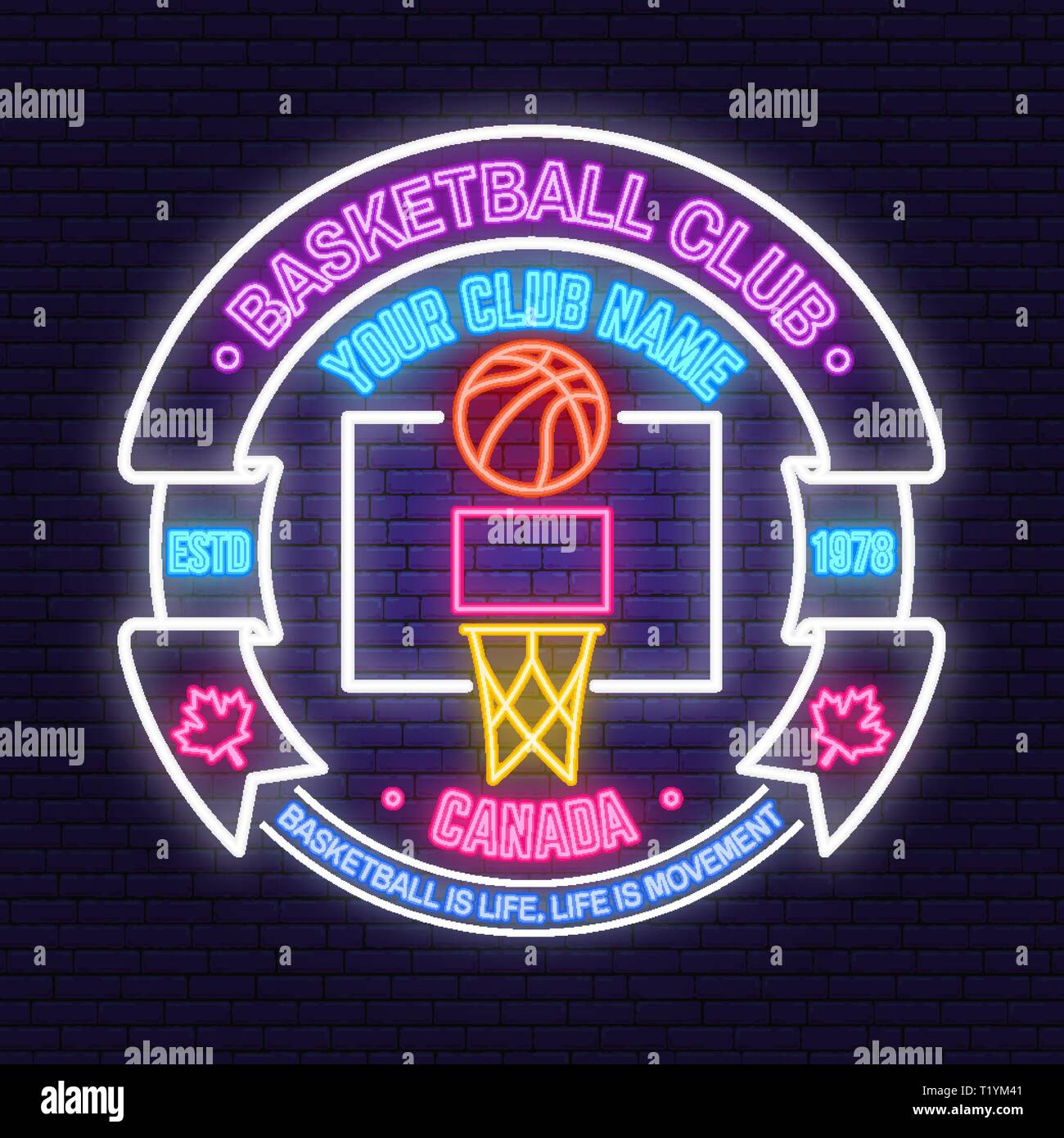 Basketball club neon design or emblem. Vector illustration. Concept for ...