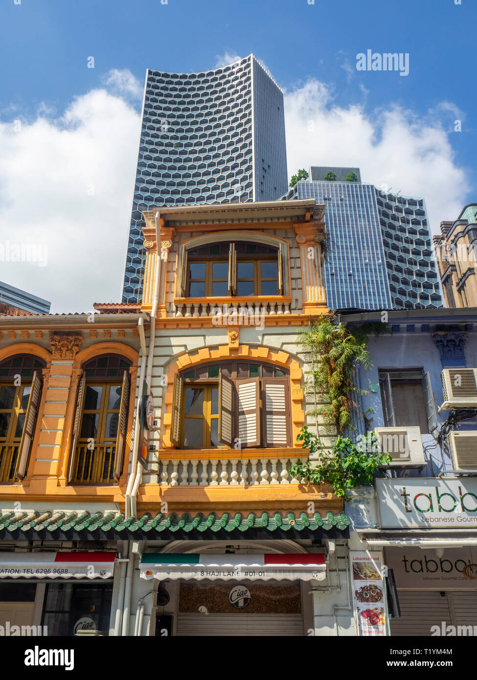 DUO office towers over Arab Street traditional shophouses fabric shops ...