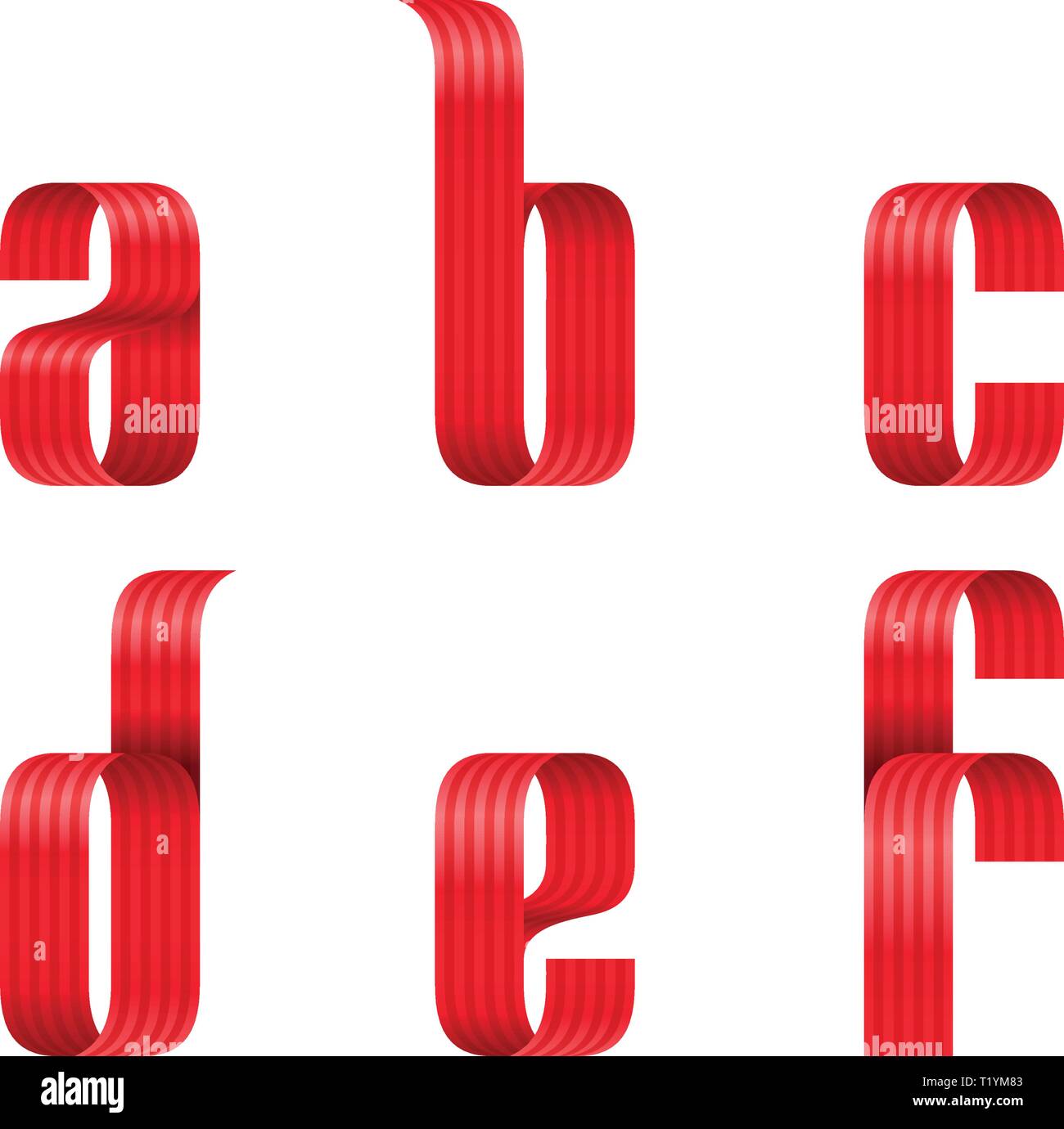 a, b, c, d, e, f lowercase letters font from a red ribbon with strip ...