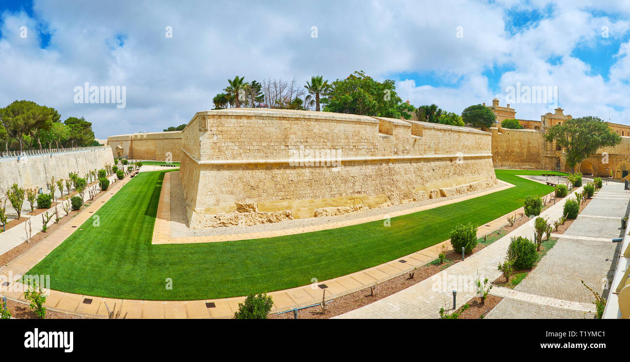 Panorama of medieval Mdina fortress with preserved huge bastions ...