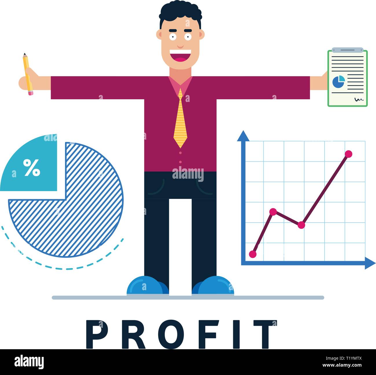 the young business man character in t-shirt with tie with his hands are ...