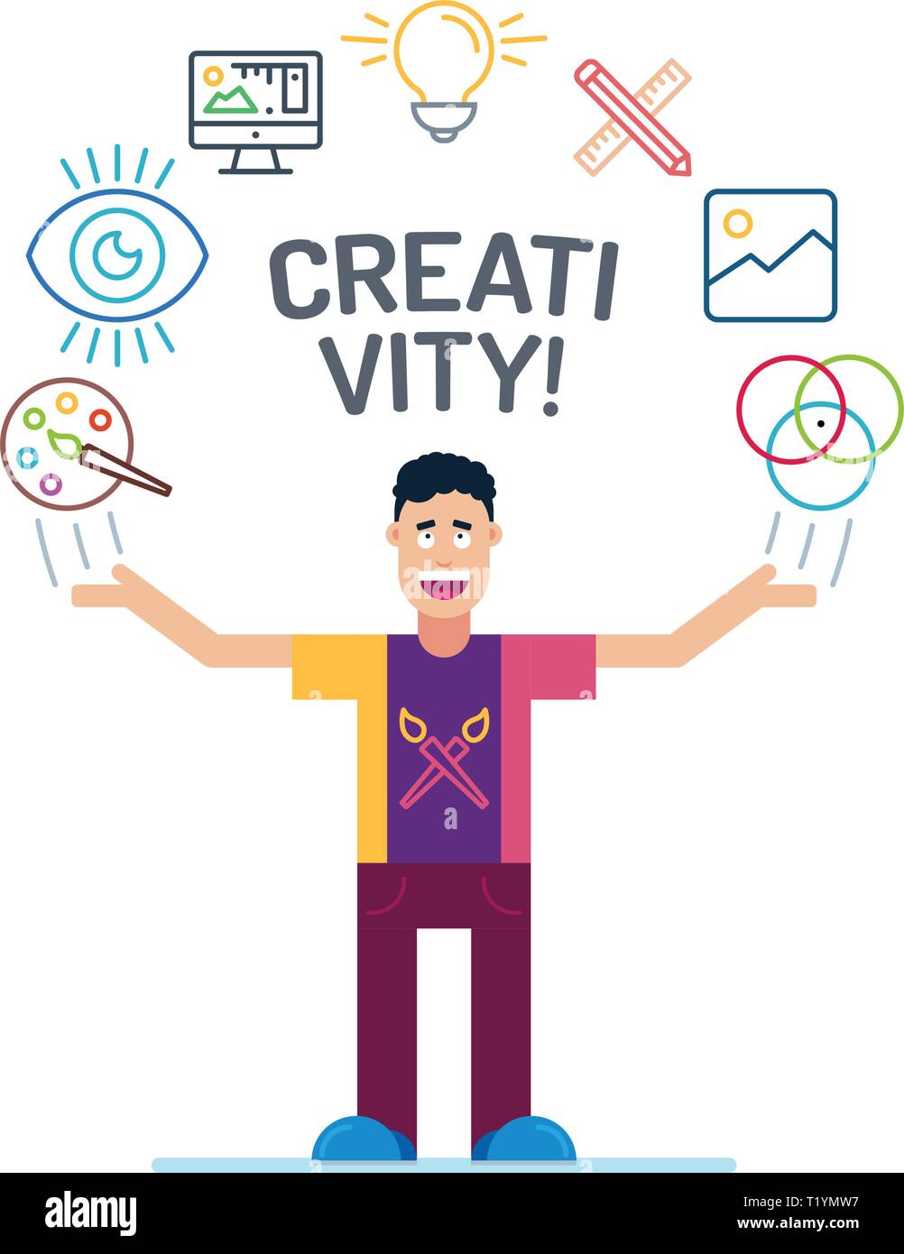 the art man character in colorful stroke tees and print with his hands ...