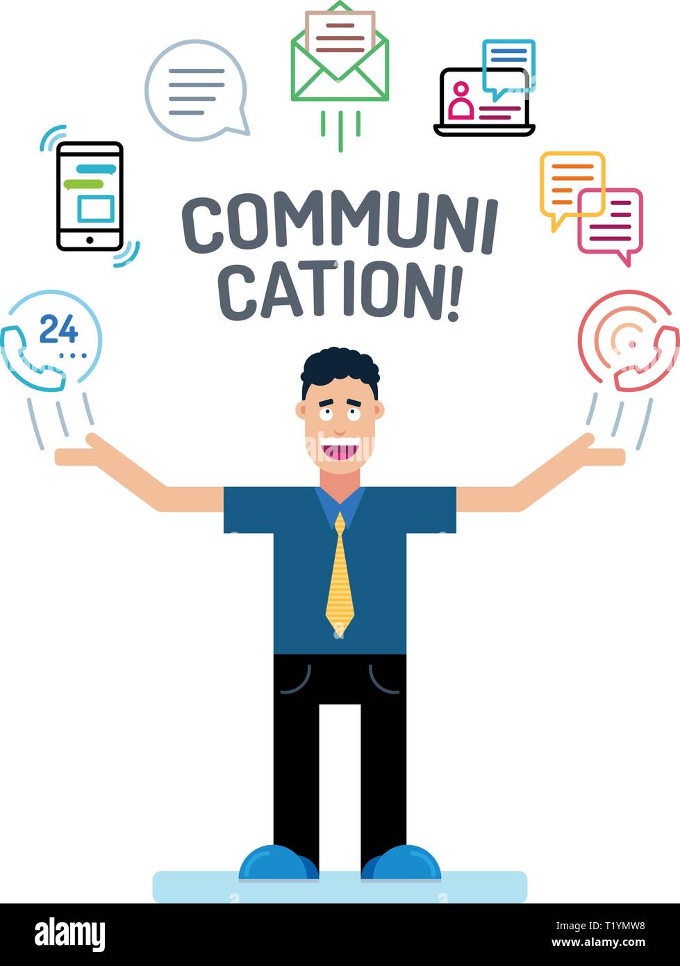 a business man character in blue tees and tie with his hands up ...