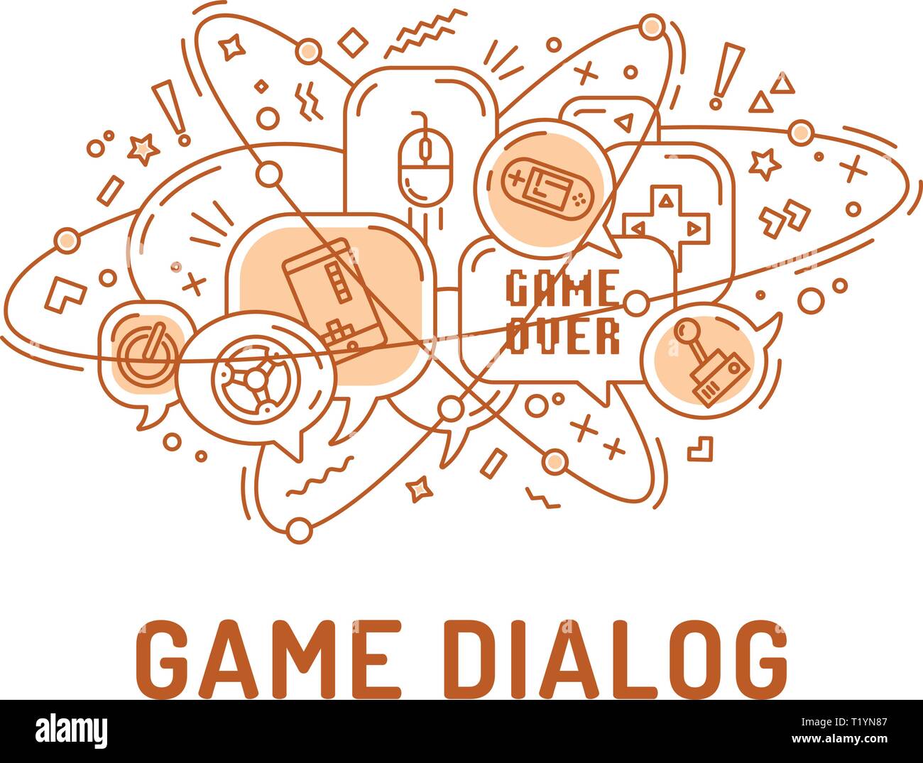 Illustration from game icons in chat bubbles with three orbital ovals ...
