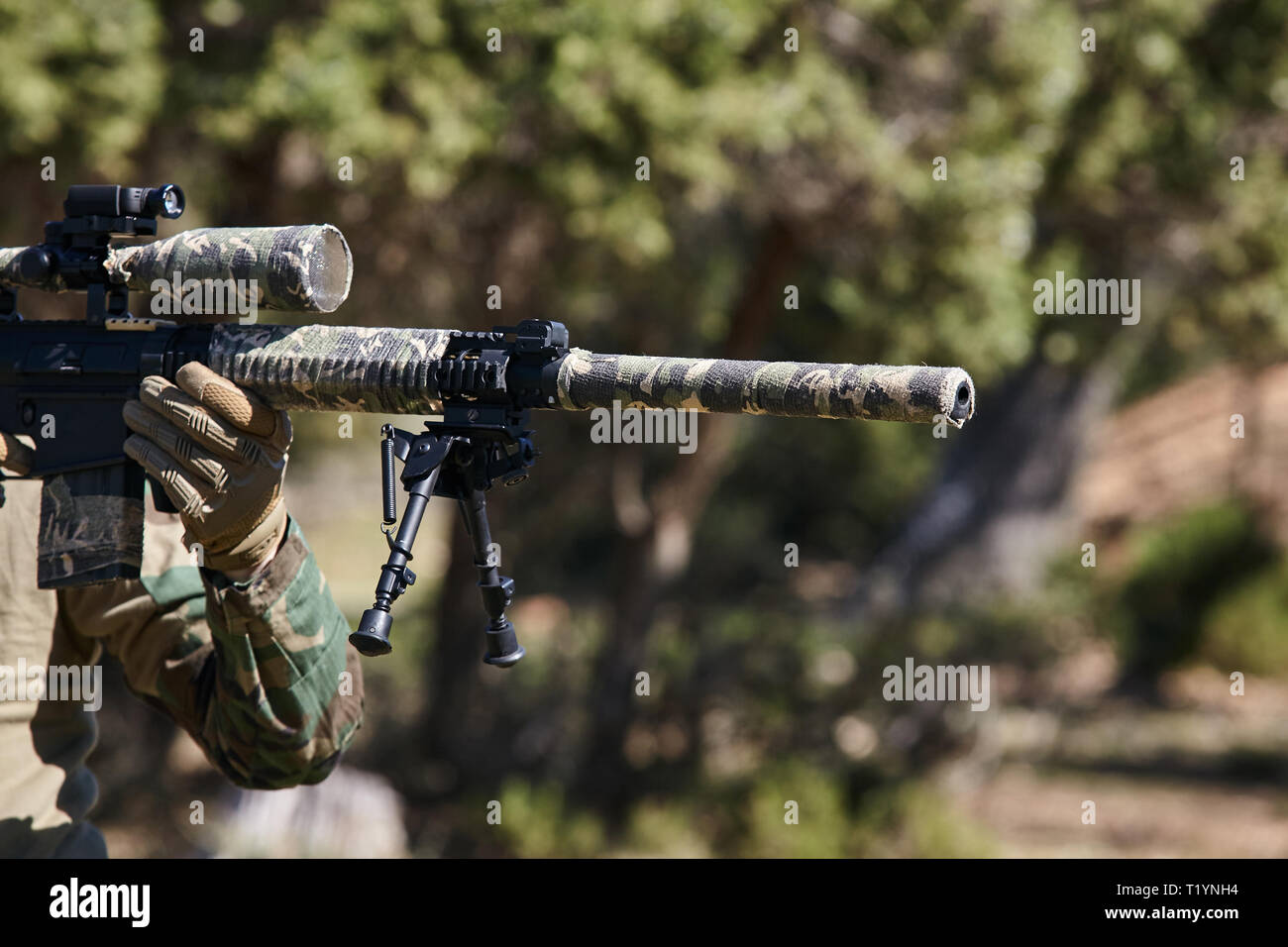 Sniper soldier ready to shoot at the target.Military concept Stock ...