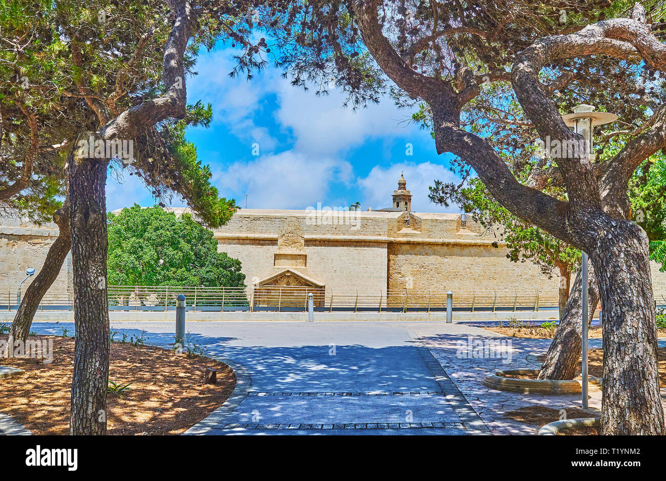 The shady alley of the pine garden with a view on the huge rampart of ...