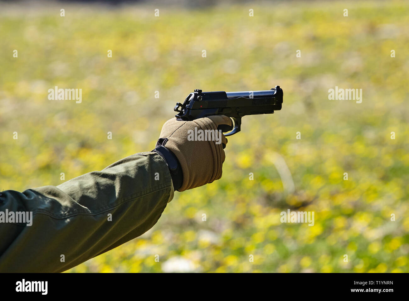 Soldier's hand points with a gun. Military concept Stock Photo - Alamy