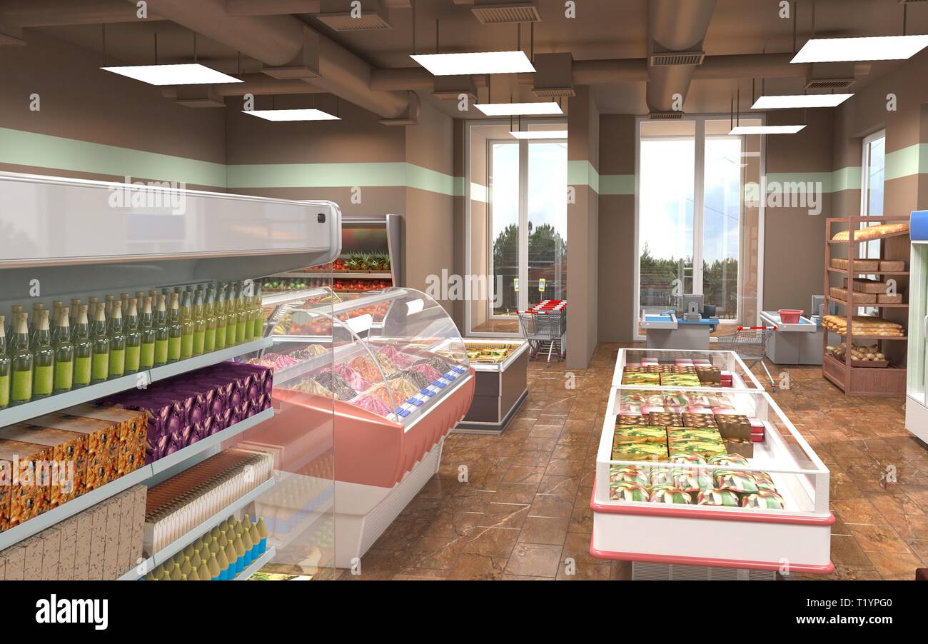 shop, grocery store, interior visualization, 3D illustration Stock ...
