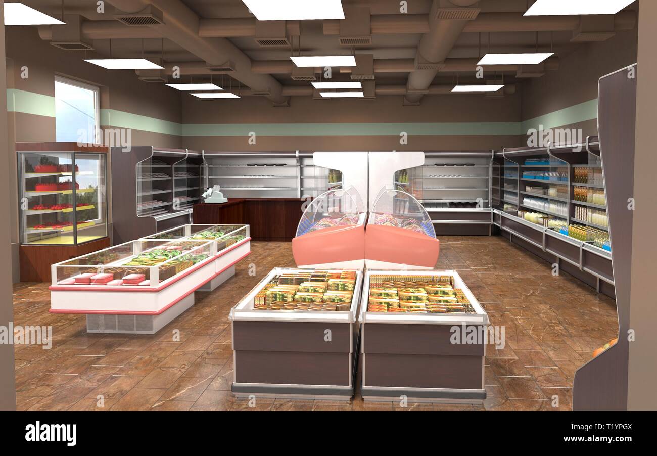 shop, grocery store, interior visualization, 3D illustration Stock ...