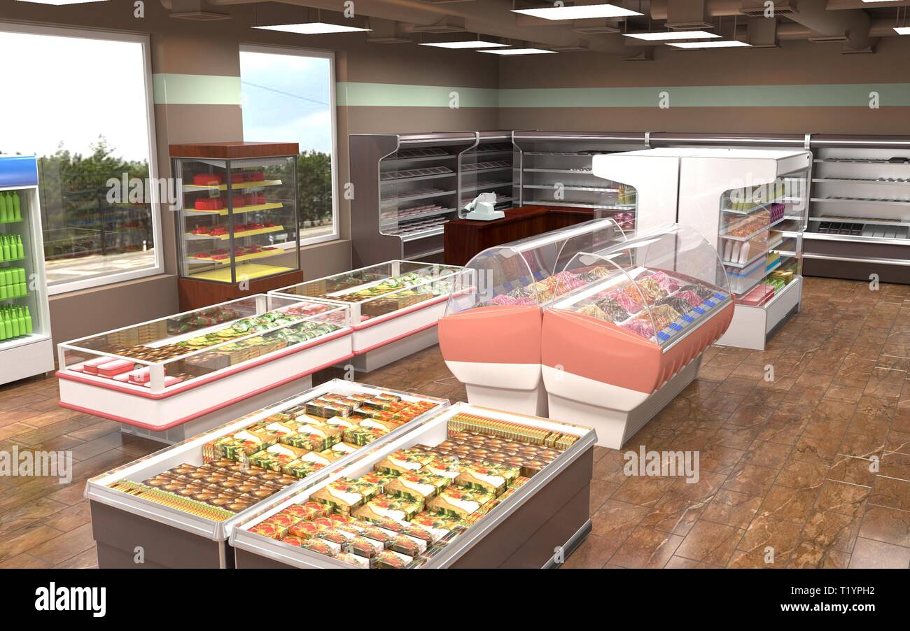 shop, grocery store, interior visualization, 3D illustration Stock ...