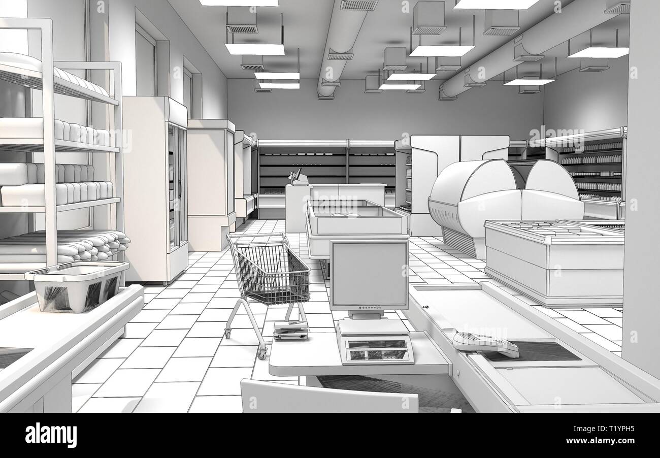 shop, grocery store, interior visualization, 3D illustration Stock ...