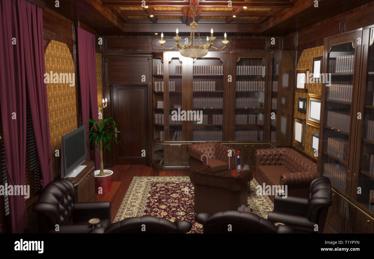 cigar room, smoking lounge, interior visualization, 3D illustration ...