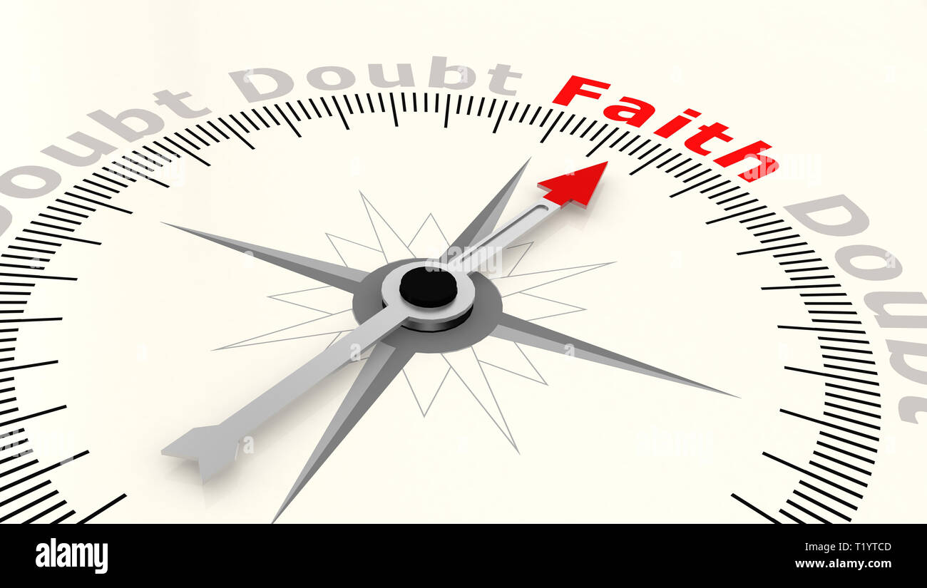 Compass with arrow pointing to the word faith. 3D rendering Stock Photo ...