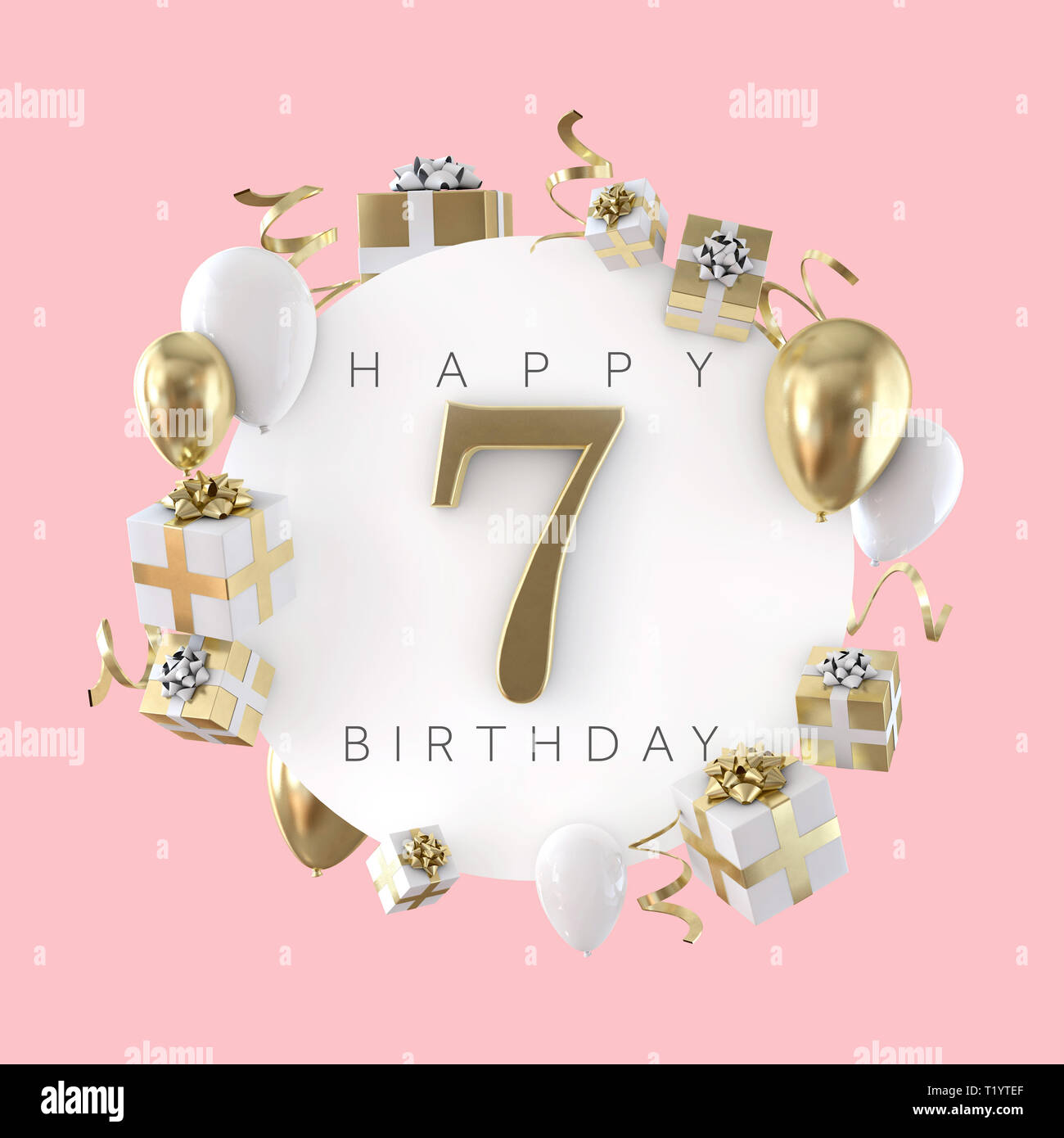 Happy 7th birthday party composition with balloons and presents. 3D ...