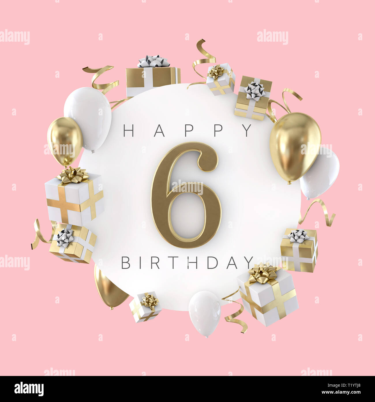 Happy 6th birthday party composition with balloons and presents. 3D ...