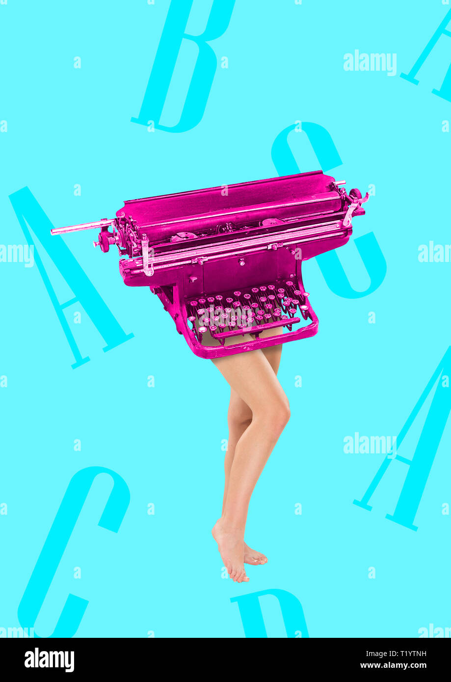 Copywriter has keyboard as a head and body. Typing with her brain ...