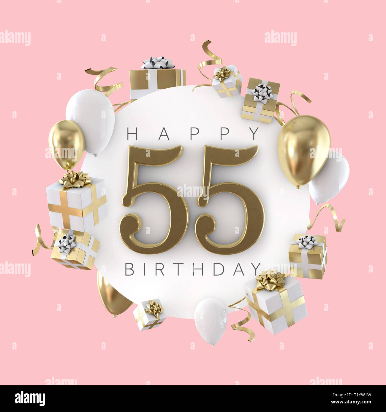 Happy 55th birthday party composition with balloons and presents. 3D ...