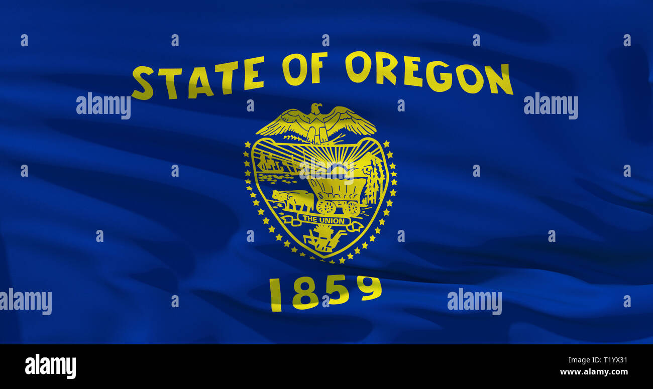 Realistic flag of State of Oregon on the wavy surface of silk. 3d ...
