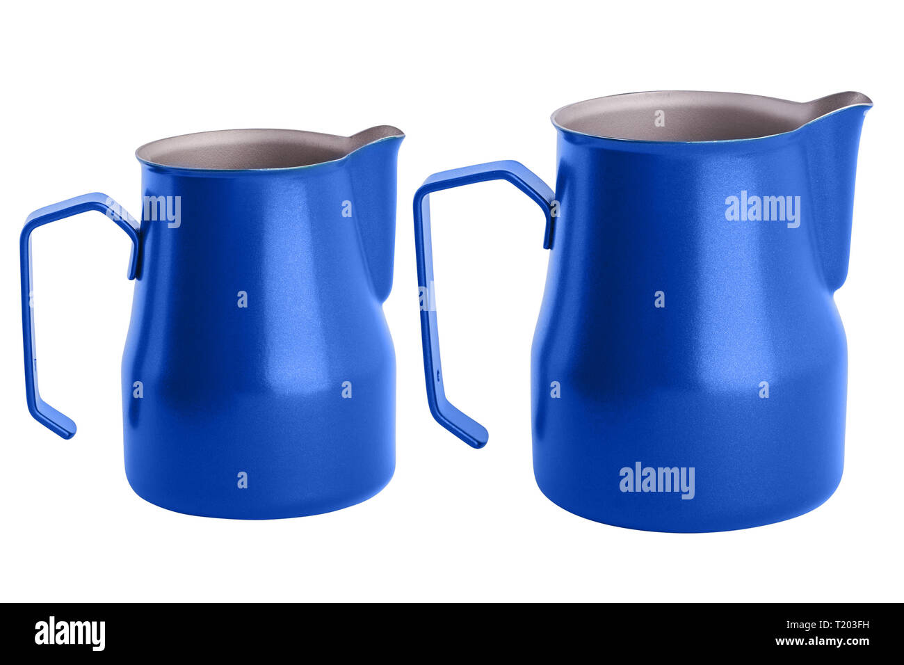 blue Metal pitcher for coffee making. Barista tool. Milk pitcher. Set ...