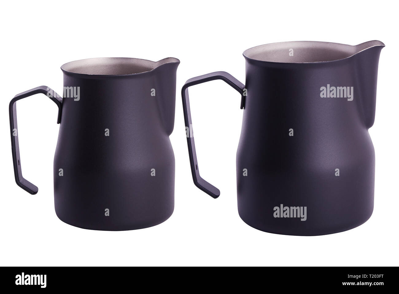 Black Metal pitcher for coffee making. Barista tool. Milk pitcher. Set ...