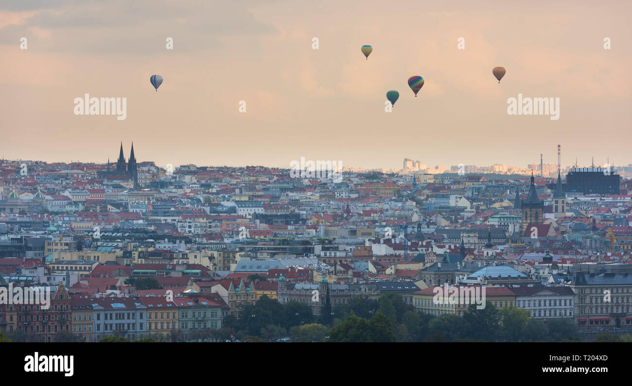 Prague panorama city skyline with Old Town, Prague and baloons on ...