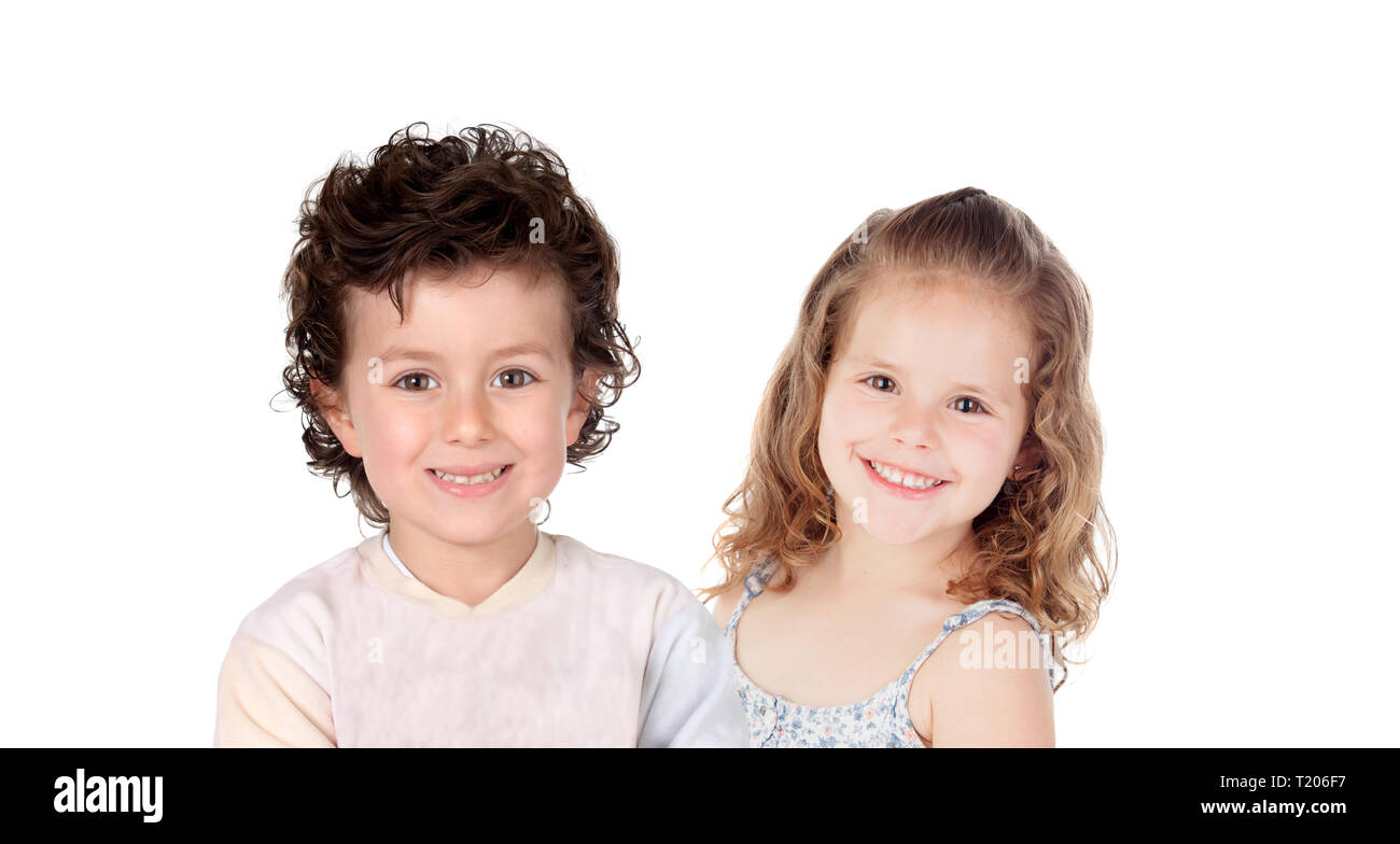 Two happy children isolated on a white background Stock Photo - Alamy