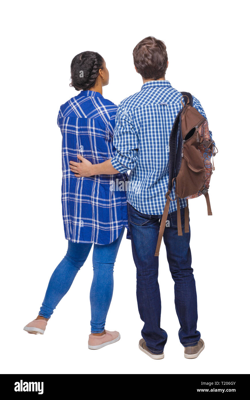 Back view of the interracial couple. Rear view people collection ...