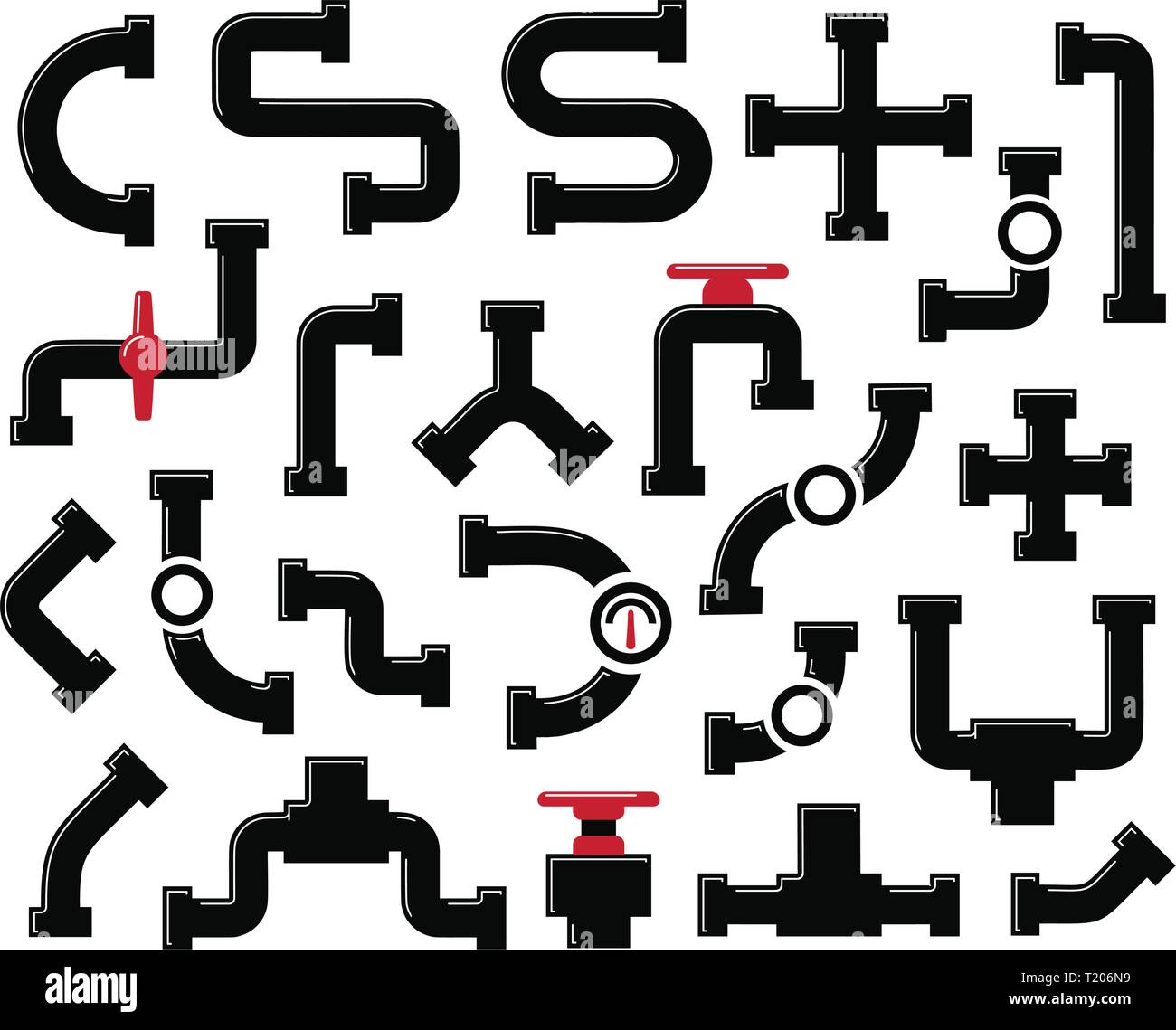 Pipe black icon set. Water supply unit, plumbing graphic elements ...