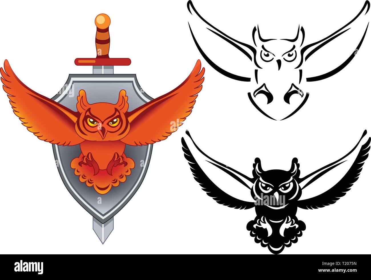 The illustration shows an owl on the background of the shield and sword ...