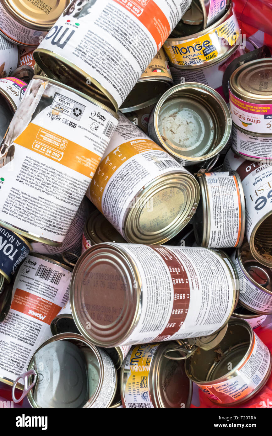 Various types of tin cans to be recycled. Bergamo, ITALY - January 25 ...