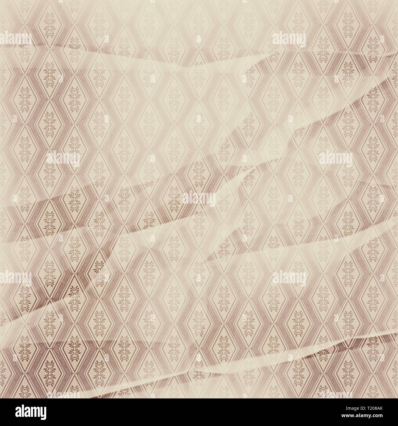 Wrinkled wall-paper, with a pattern rhombuses, beige. An ancient ...