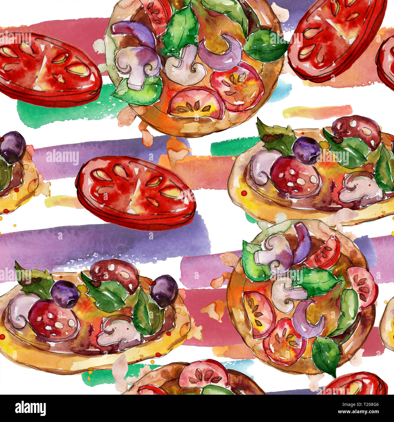 Fast food itallian pizza in a watercolor style isolated set ...