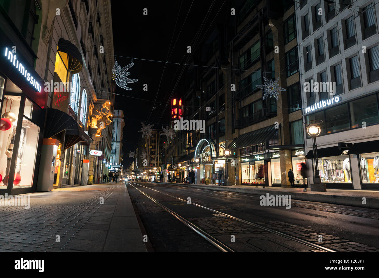 Geneva, Switzerland - November 24, 2016: Rue de la Confederation. Night ...