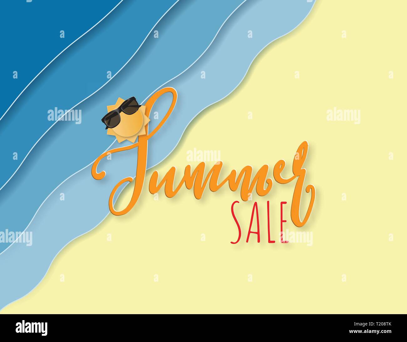Creative illustration summer sale background with sea beach and sun ...