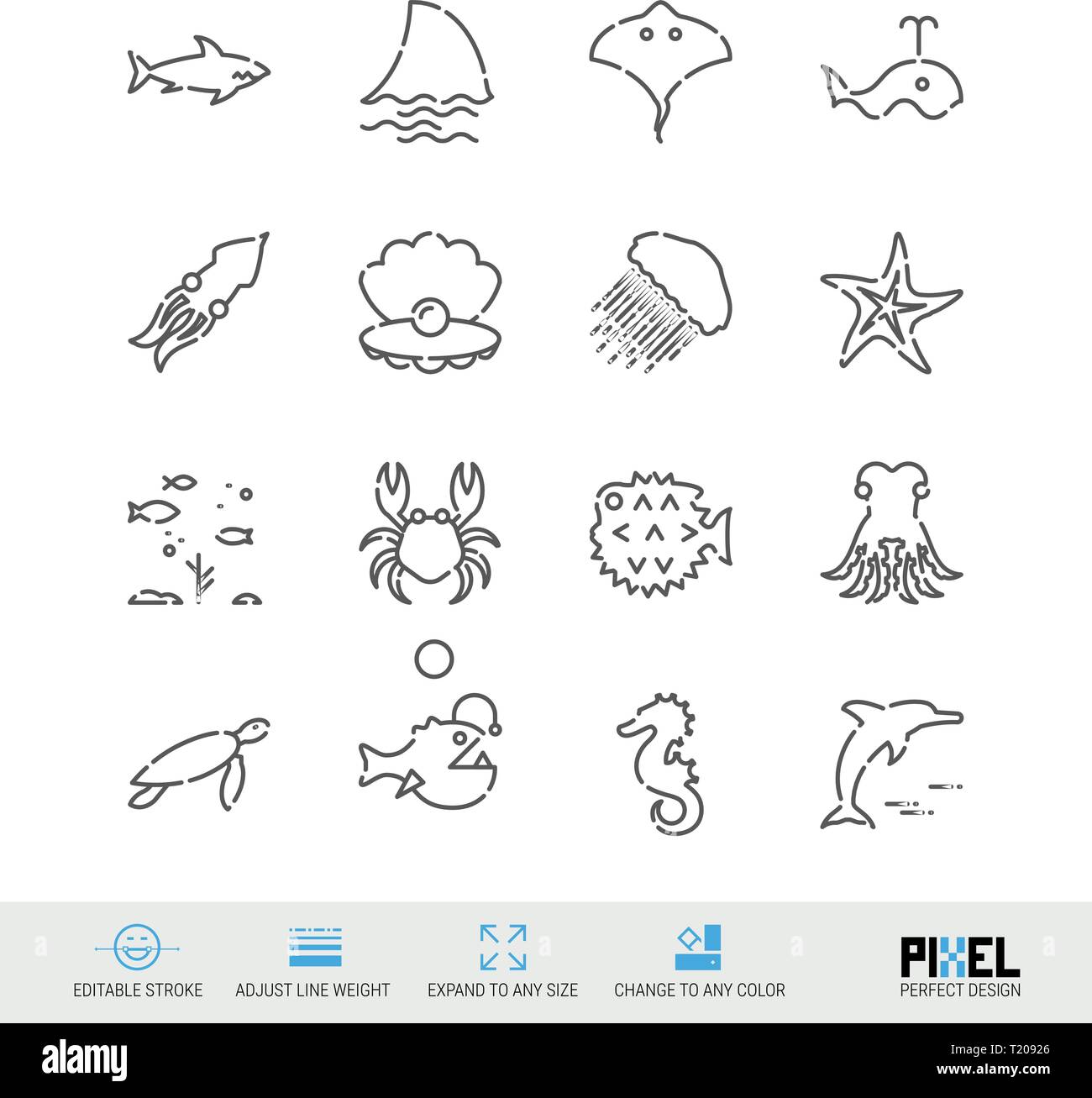 Vector Line Icon Set. Marine Life Related Linear Icons. Sea Animals ...