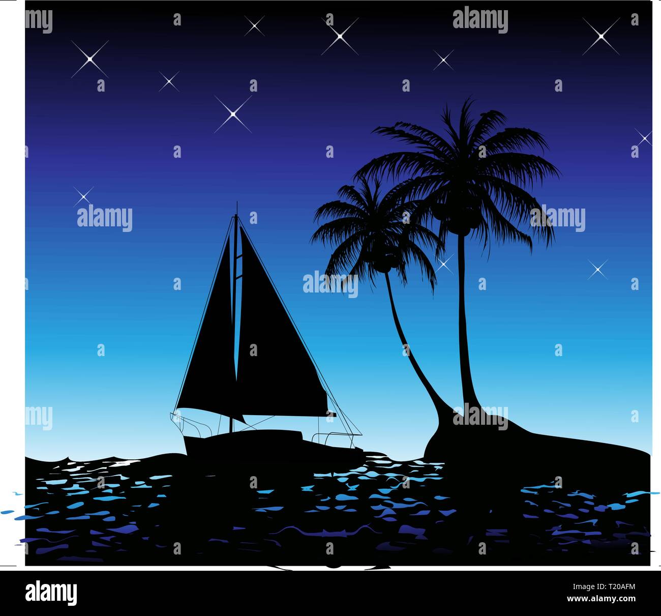 Summer background with palm trees and a yacht on the ocean Stock Vector Image & Art - Alamy
