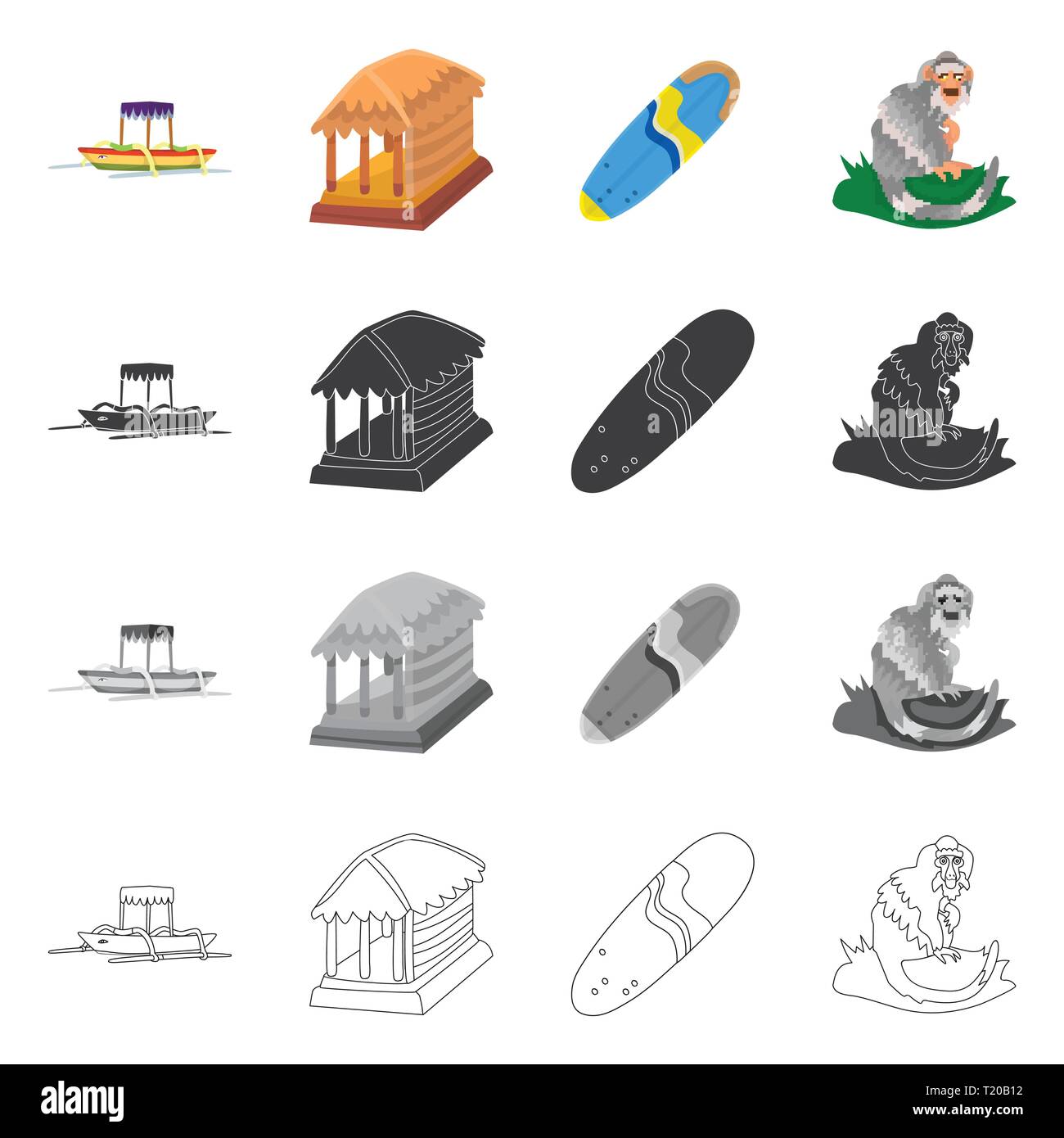 boat,hut,surfboard,monkey,sail,house,surf,animal,sea,thatch,beach ...