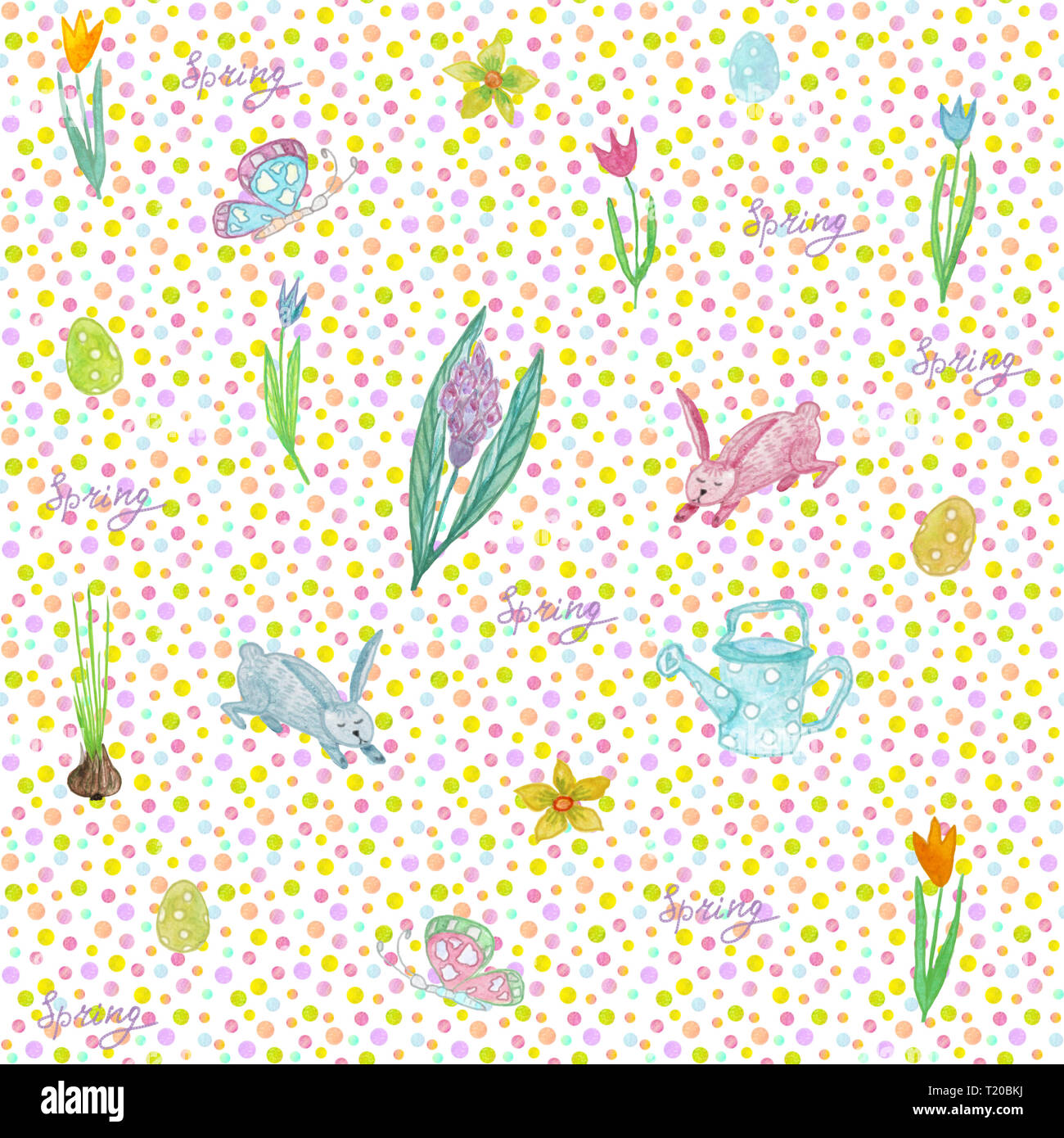 Seamless spring pattern with flowers, bunnies, easter eggs. Bright ...