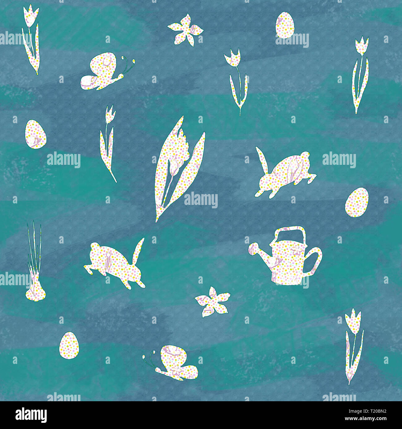 Seamless spring pattern with flowers, bunnies, easter eggs. Bright ...