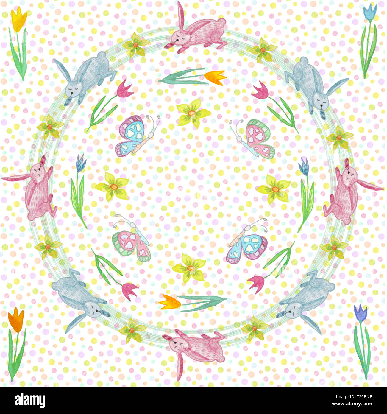 Seamless spring pattern with flowers, bunnies, easter eggs. Bright ...