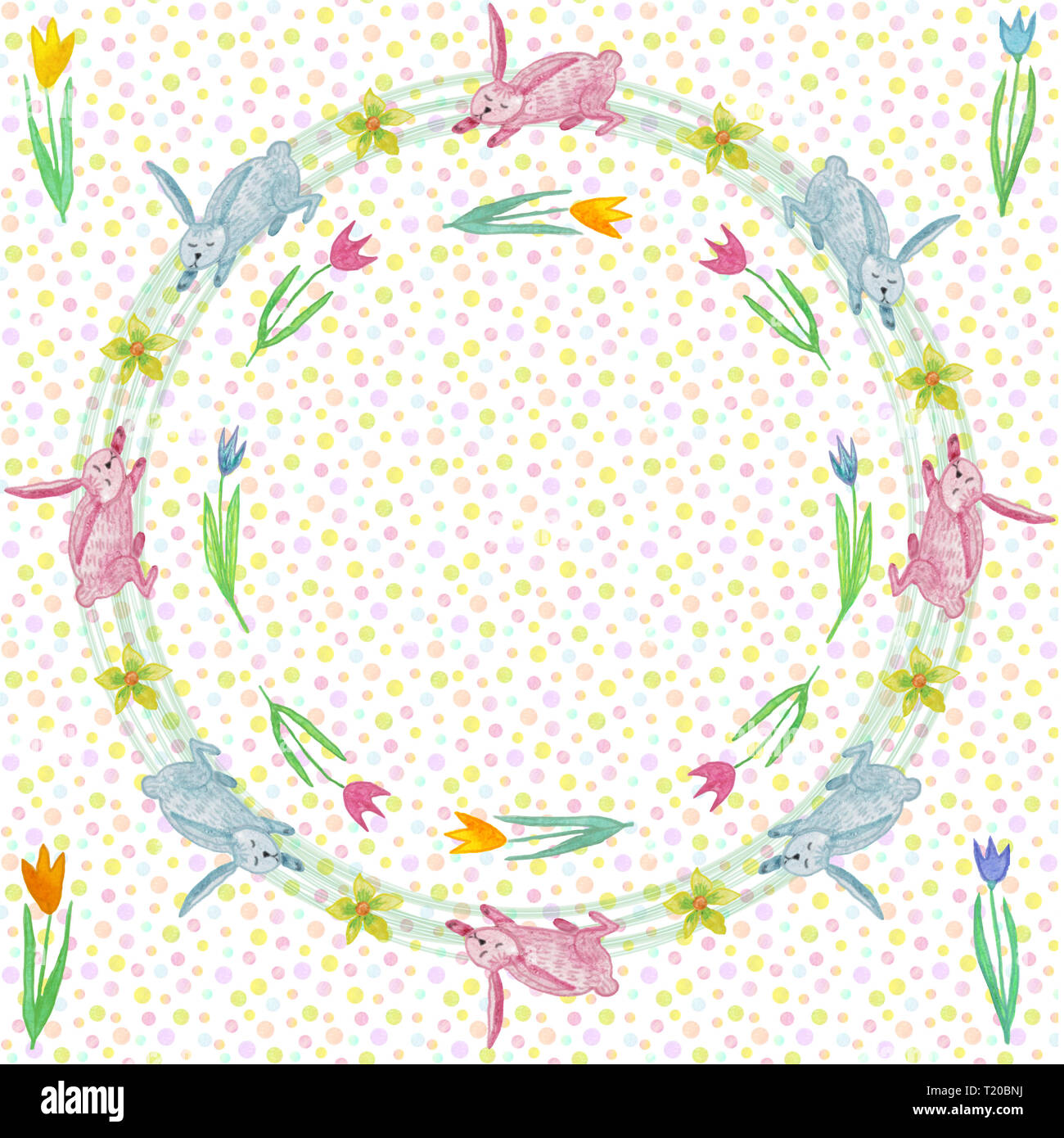 Seamless spring pattern with flowers, bunnies, easter eggs. Bright ...