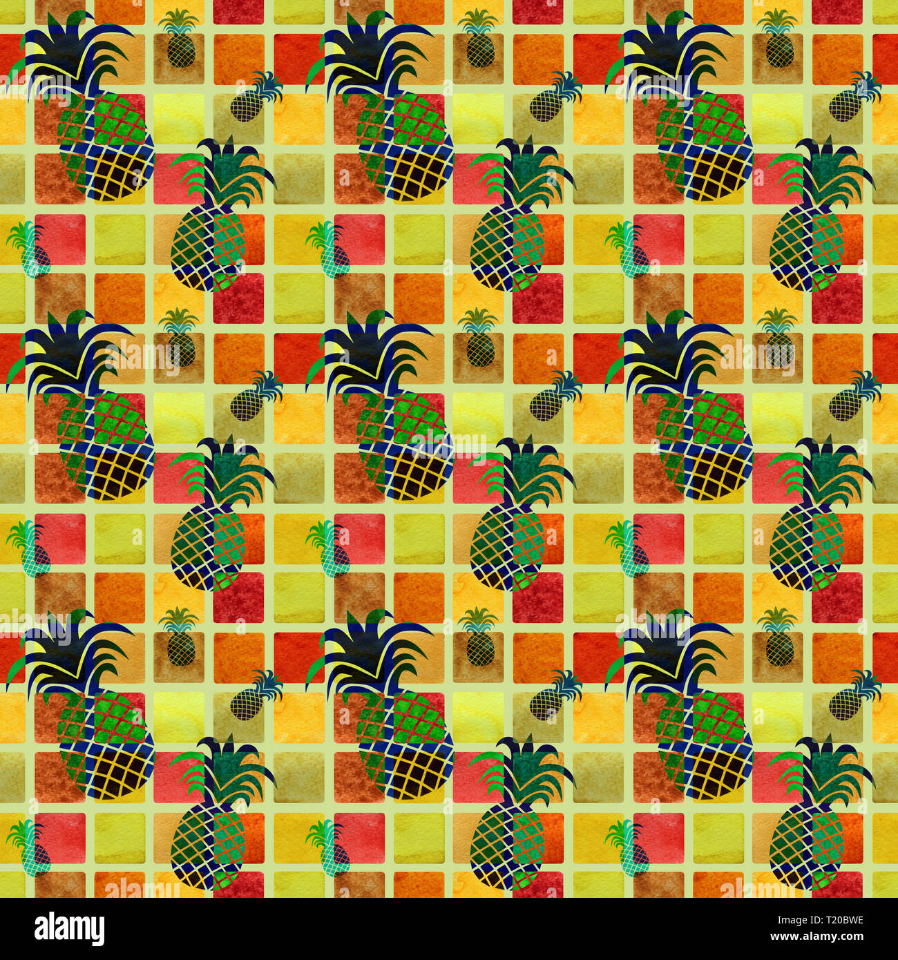 Decorative pineapple with different textures in warm watercolor colors ...