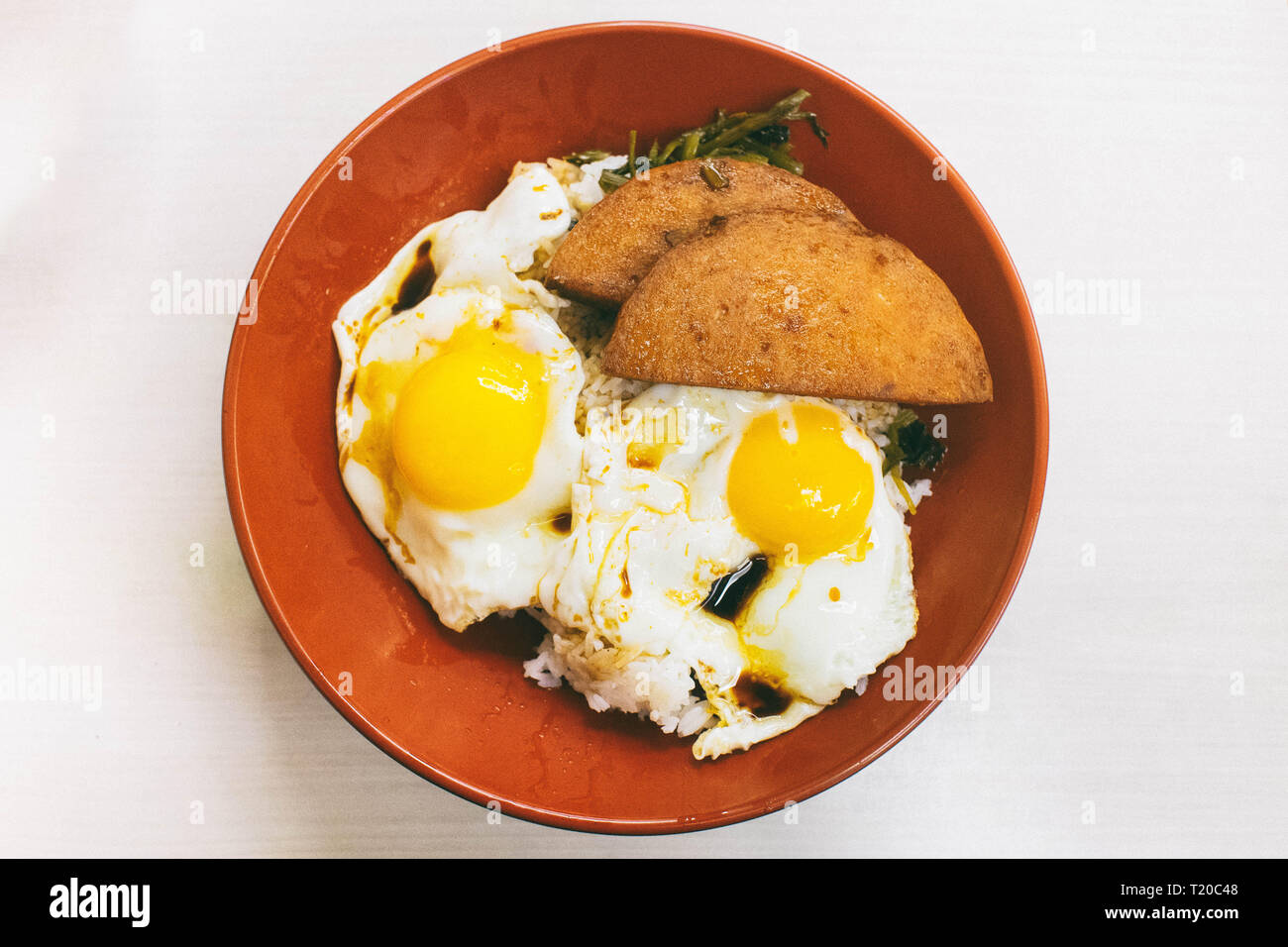Luncheon meat and fried egg sunny side up rice in Hong Kong. taken in ...