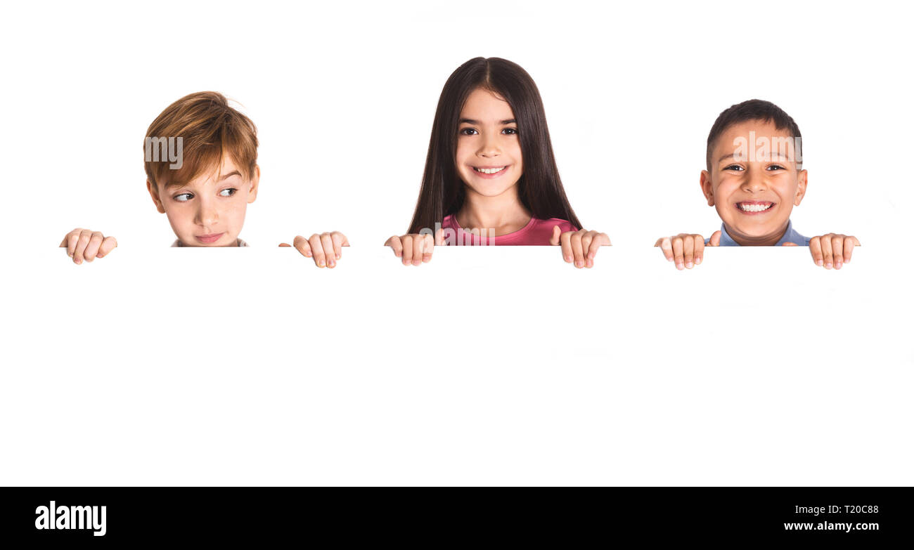 Kids with empty board for your text isolated on white background, copy ...