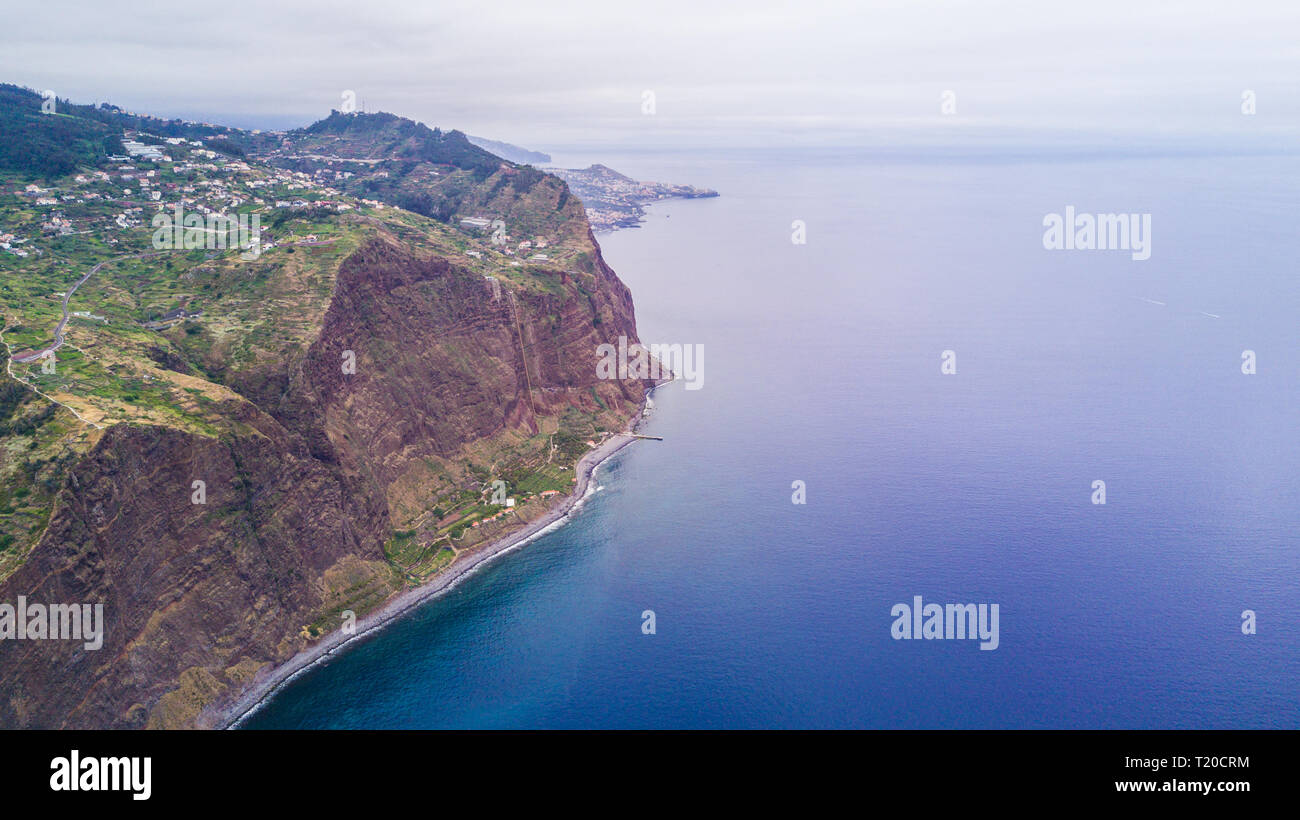 Aerial panoramic cityscape view of the cities in madeira with houses in ...