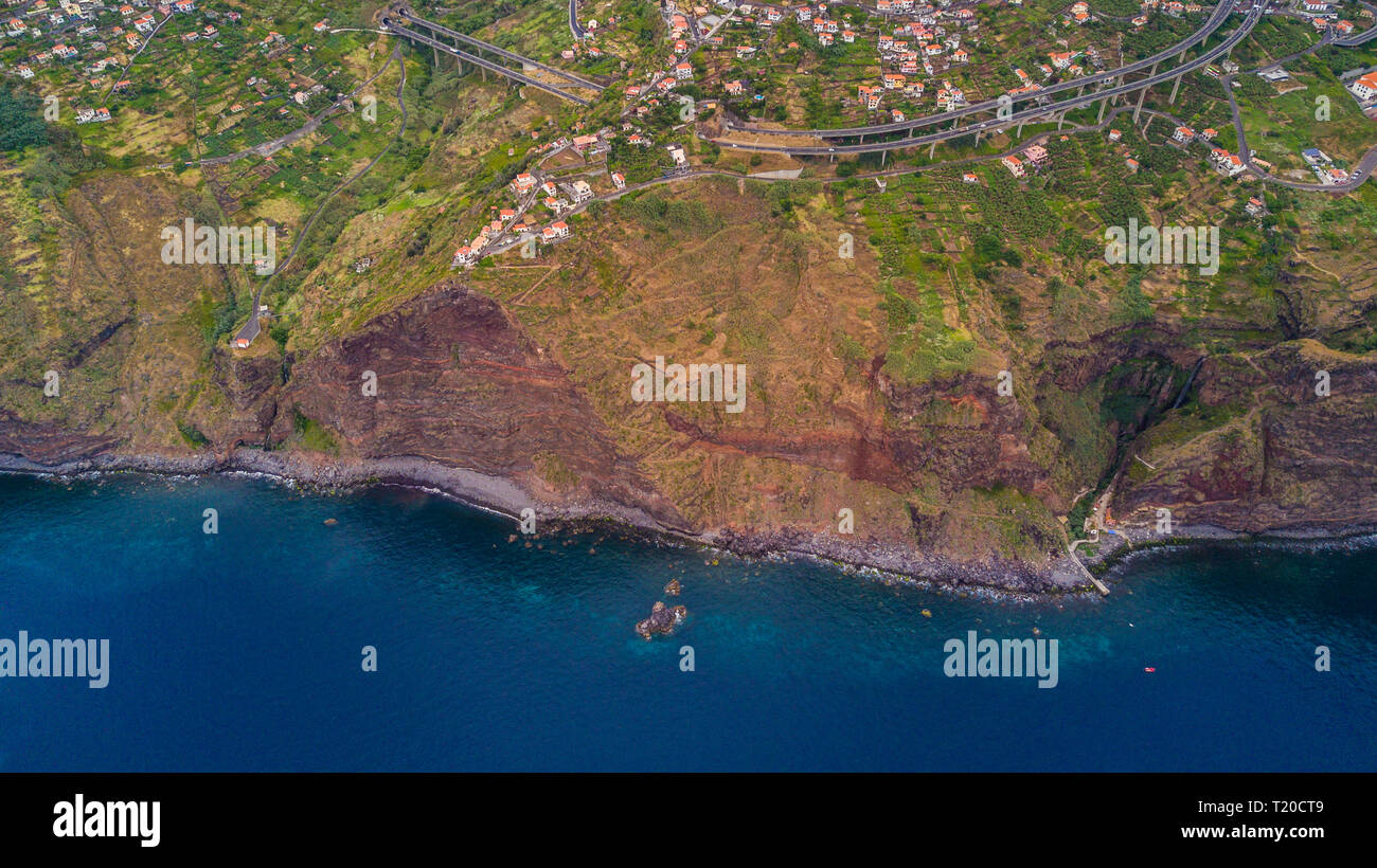 Aerial panoramic cityscape view of the cities in madeira with houses in ...