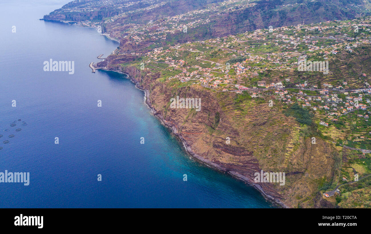 Aerial panoramic cityscape view of the cities in madeira with houses in ...