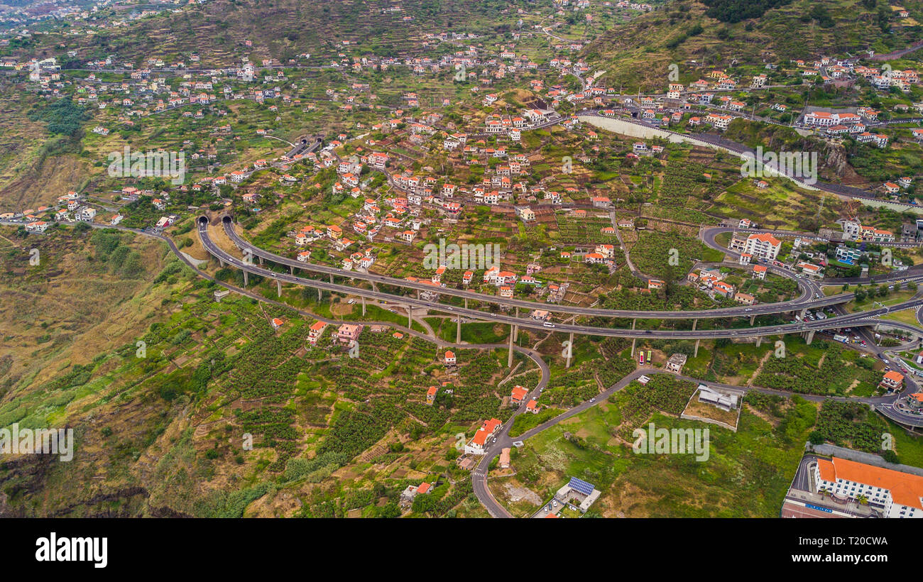 Aerial panoramic cityscape view of the cities in madeira with houses in ...