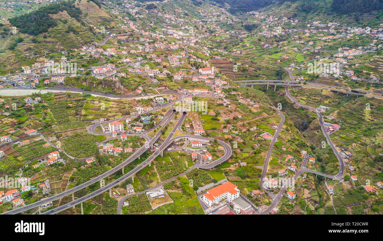 Aerial panoramic cityscape view of the cities in madeira with houses in ...